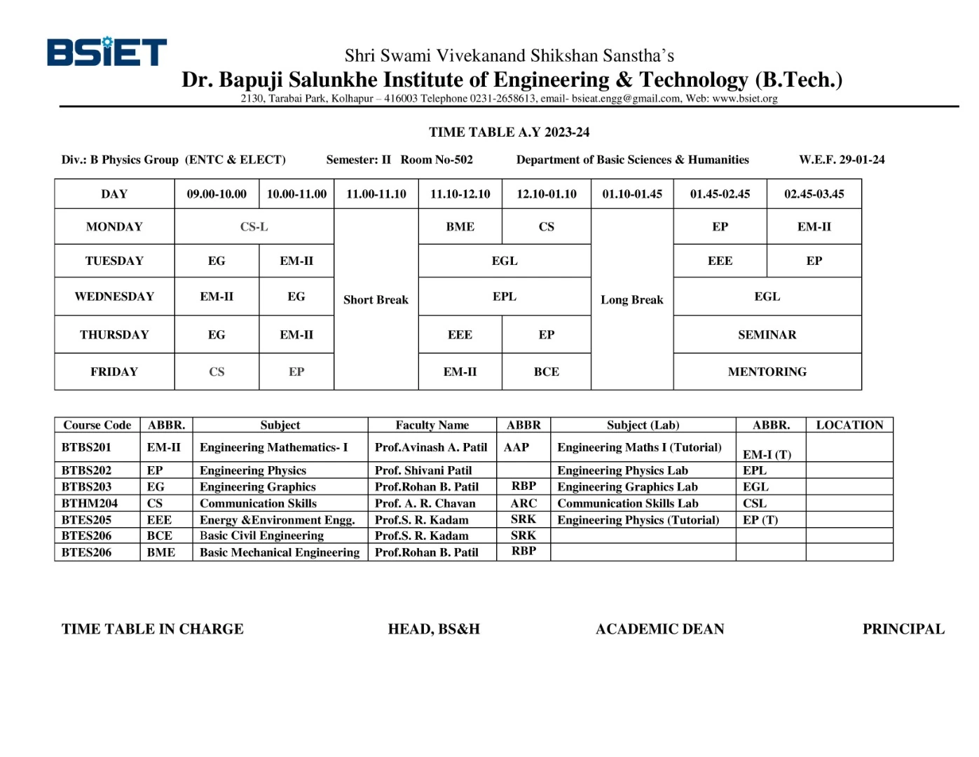 TImeTable – Department Of Electrical Engineering